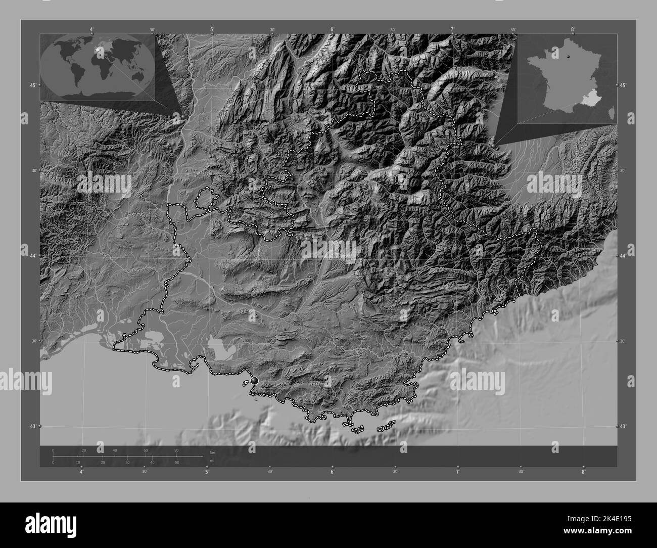 Provence-Alpes-Cote d'Azur, region of France. Bilevel elevation map ...