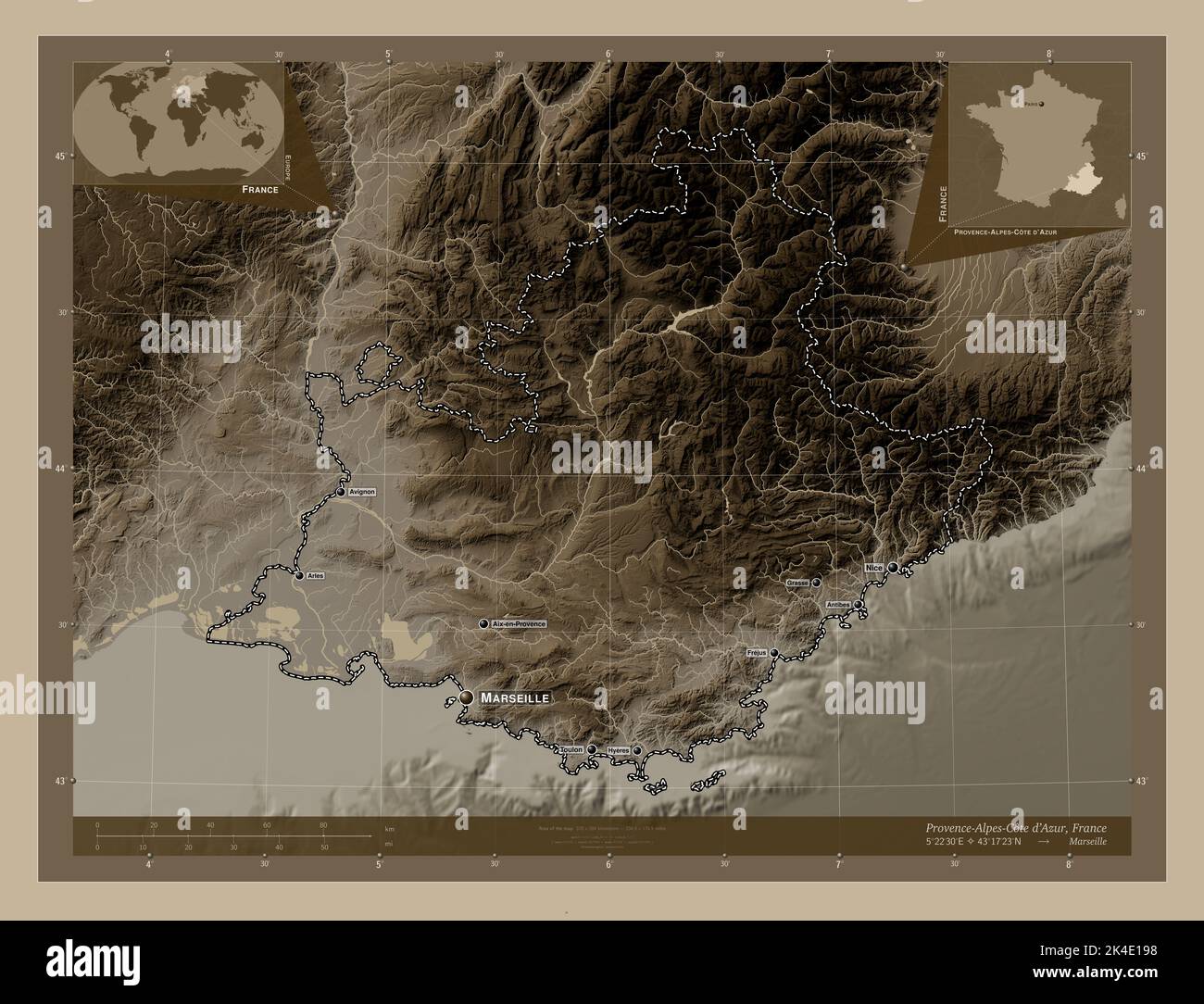 Provence-Alpes-Cote d'Azur, region of France. Elevation map colored in ...