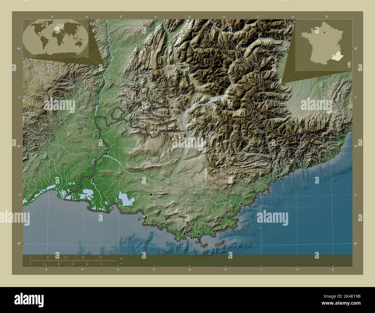 Provence-Alpes-Cote d'Azur, region of France. Elevation map colored in ...
