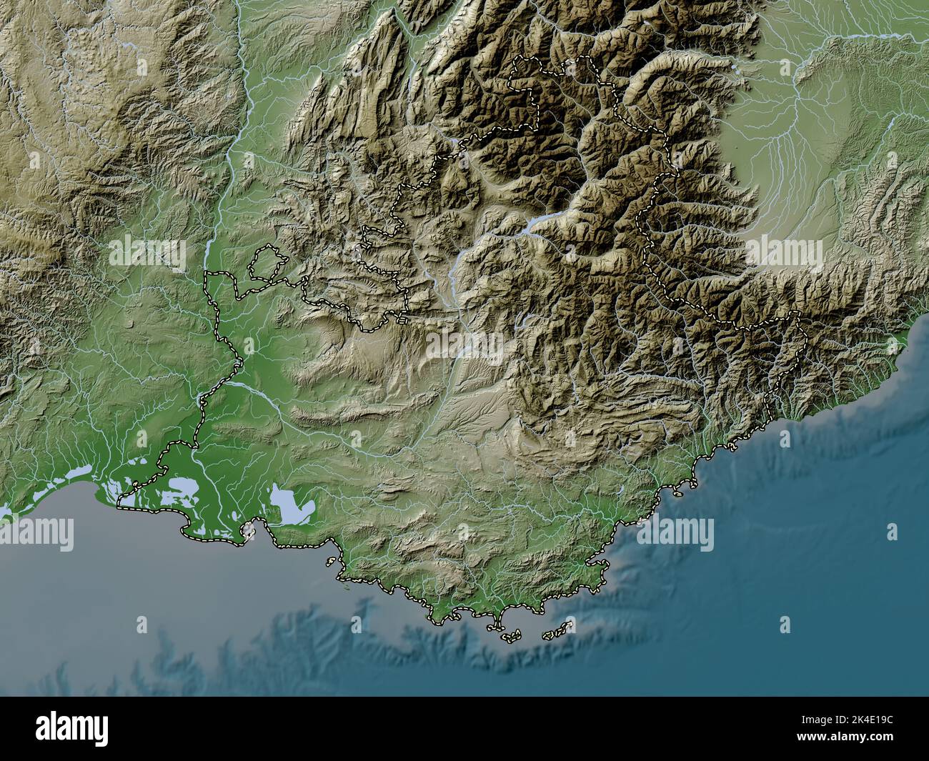 Provence-Alpes-Cote d'Azur, region of France. Elevation map colored in wiki style with lakes and ...