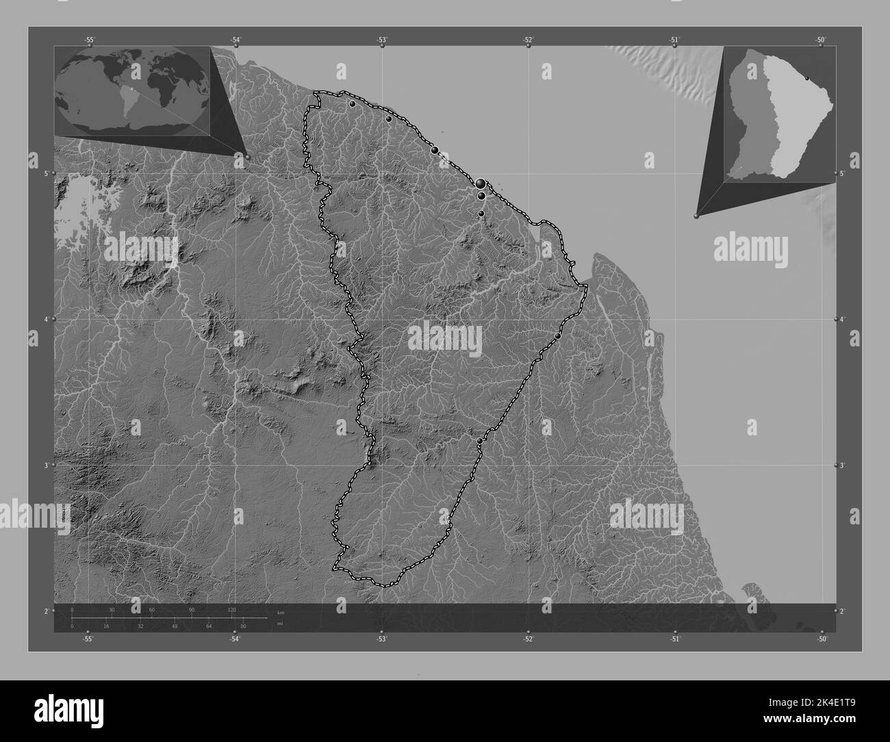 Cayenne, arrondissement of French Guiana. Bilevel elevation map with ...