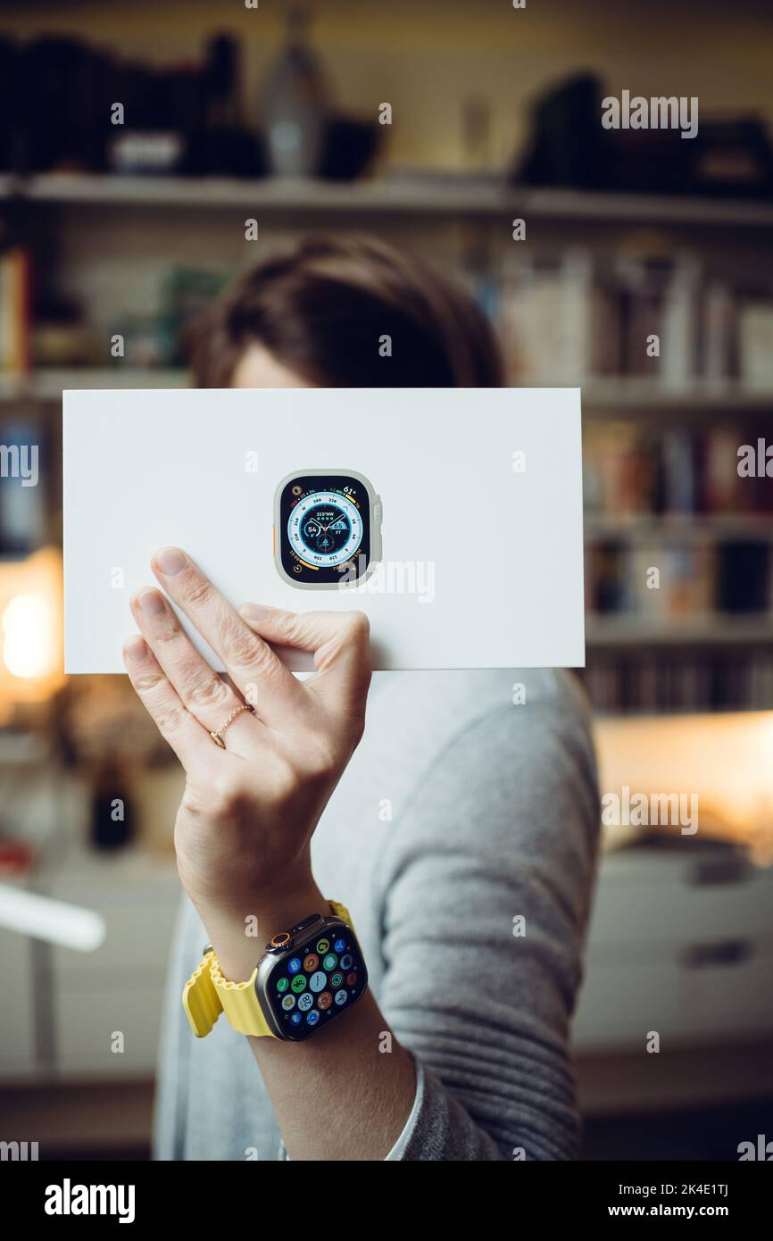 London, United Kingdom - Sept 28, 2022: Woman holding Apple Computers ...