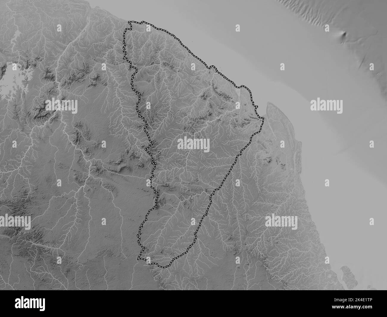 Cayenne, arrondissement of French Guiana. Grayscale elevation map with ...