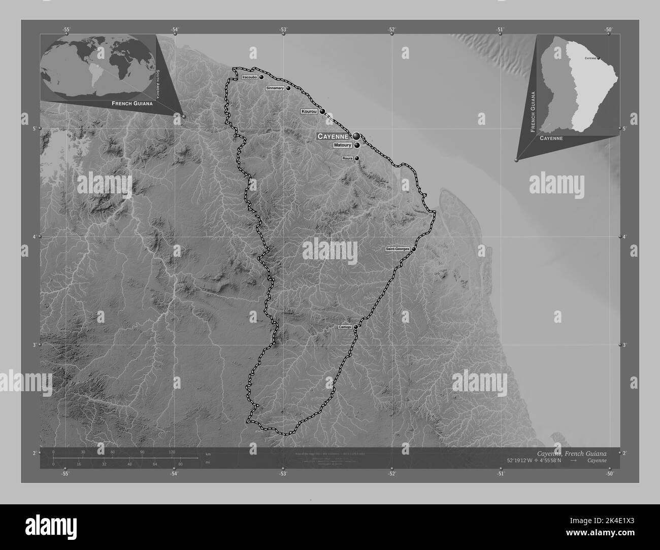 Cayenne, arrondissement of French Guiana. Grayscale elevation map with ...
