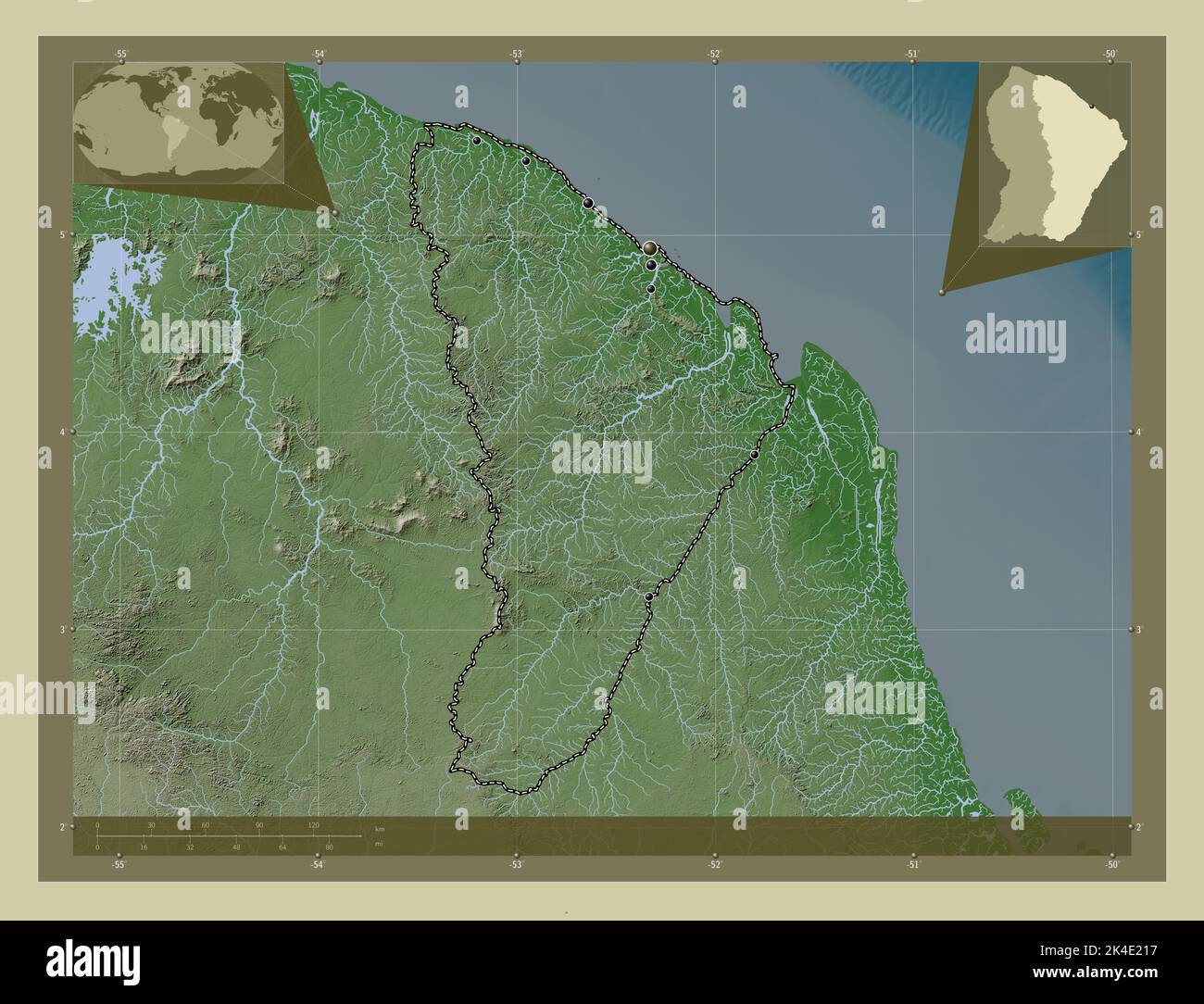 Cayenne, arrondissement of French Guiana. Elevation map colored in wiki ...