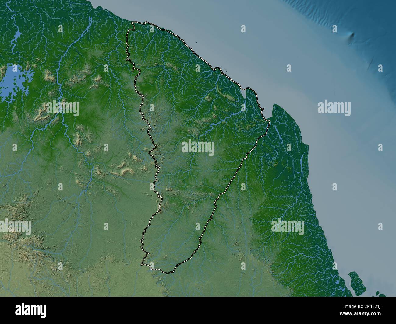 Cayenne, arrondissement of French Guiana. Colored elevation map with ...