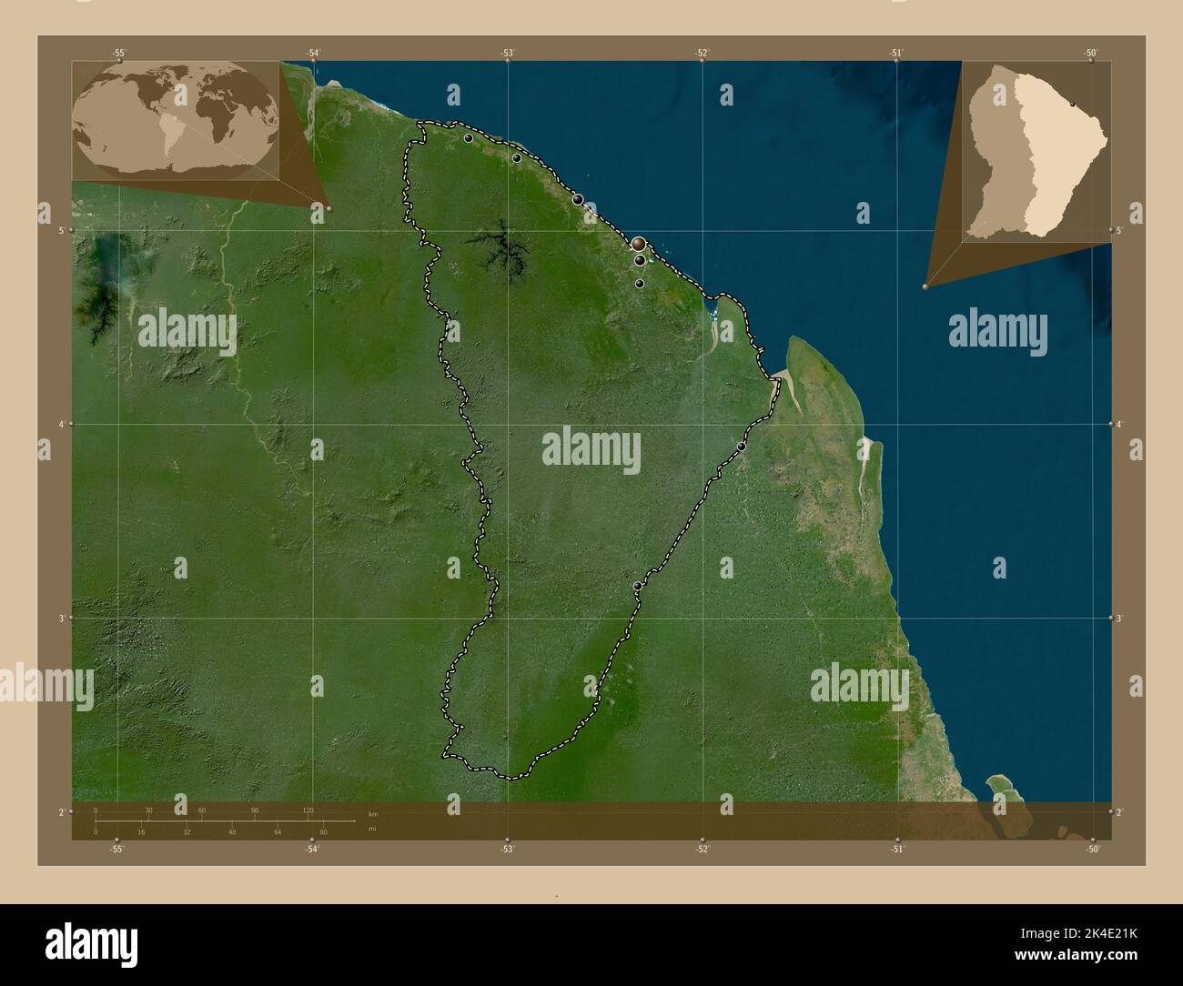 Cayenne, arrondissement of French Guiana. Low resolution satellite map ...