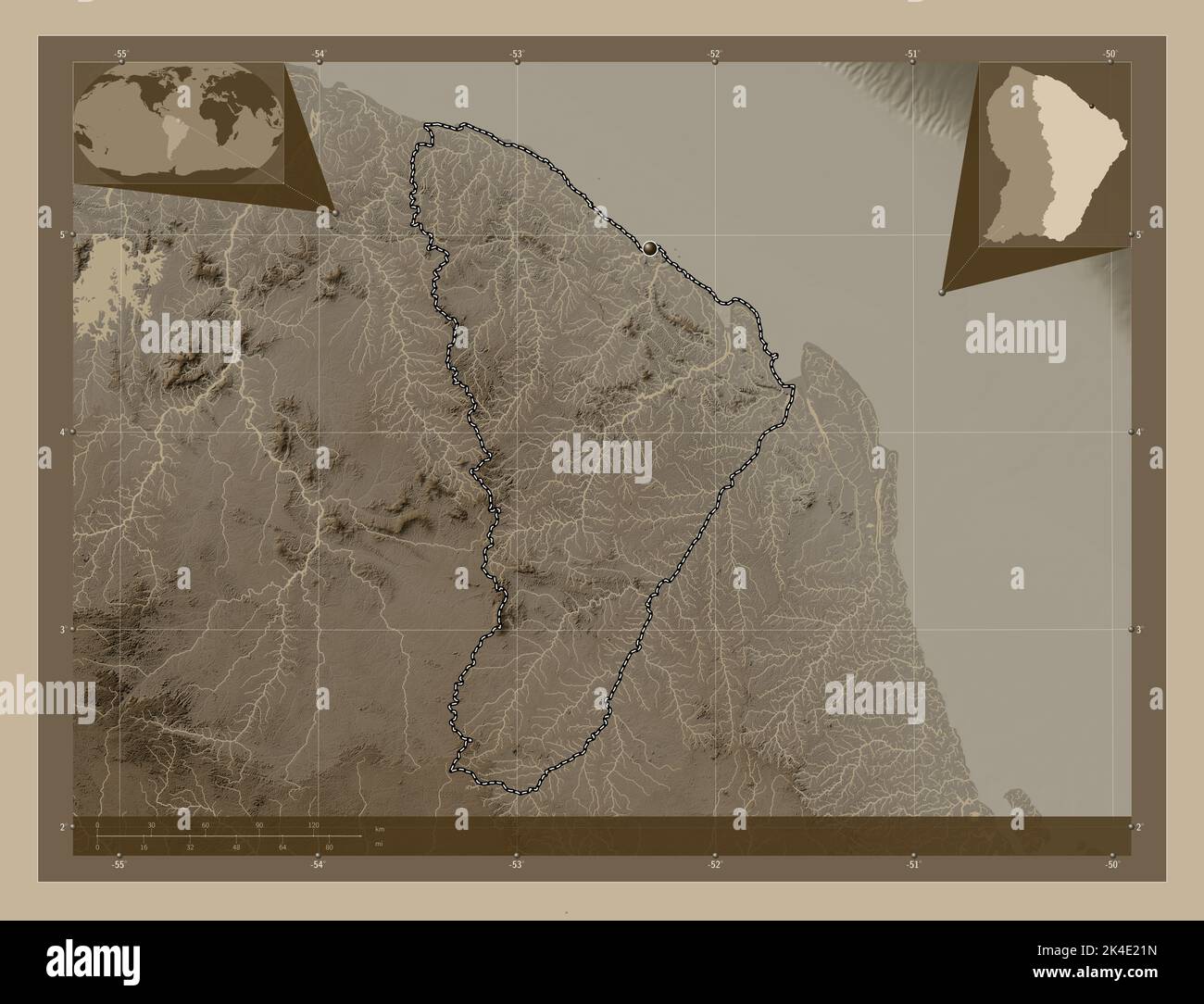 Cayenne, arrondissement of French Guiana. Elevation map colored in ...