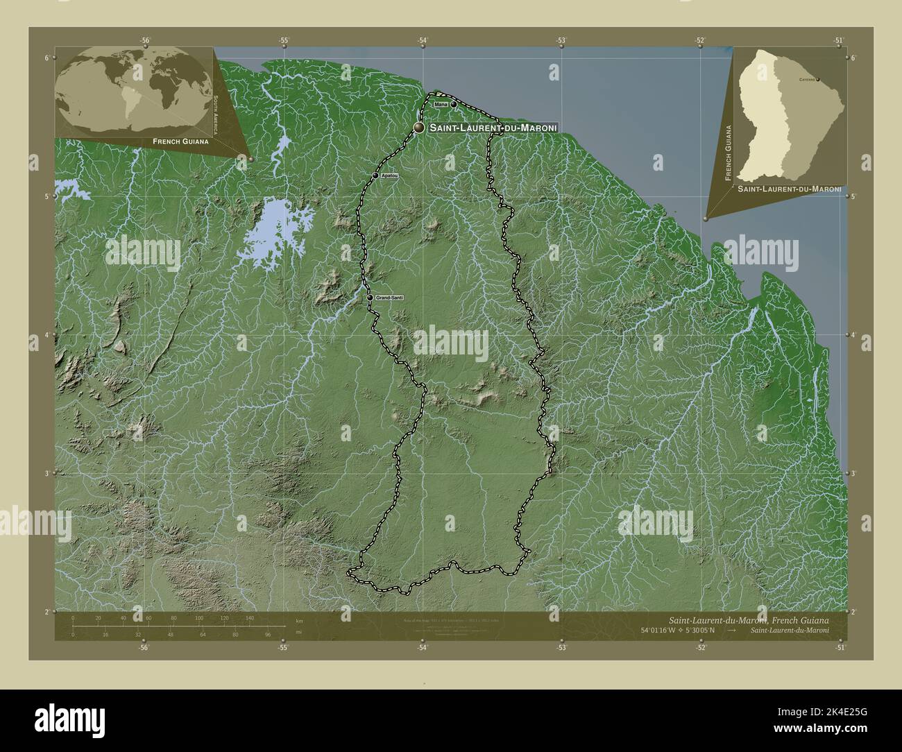 Saint-Laurent-du-Maroni, arrondissement of French Guiana. Elevation map ...