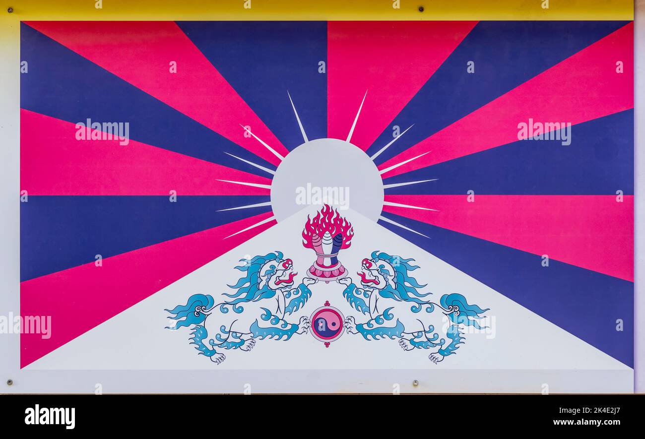 The national flag of Tibet attached to a wall of the Buddhist institute ...