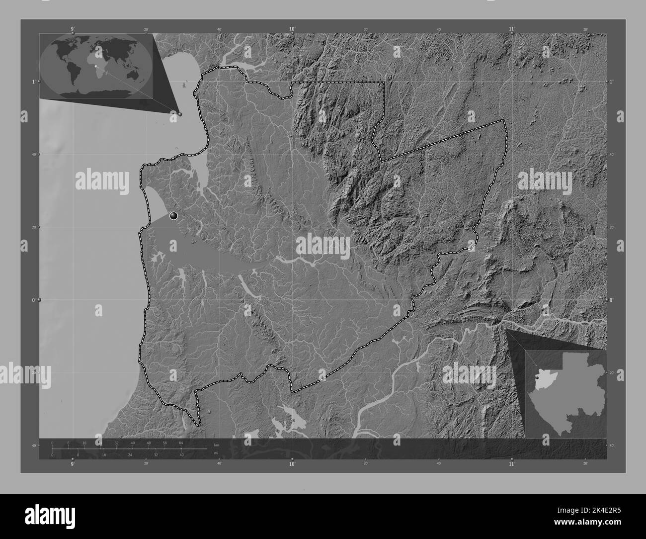 Estuaire, province of Gabon. Bilevel elevation map with lakes and ...