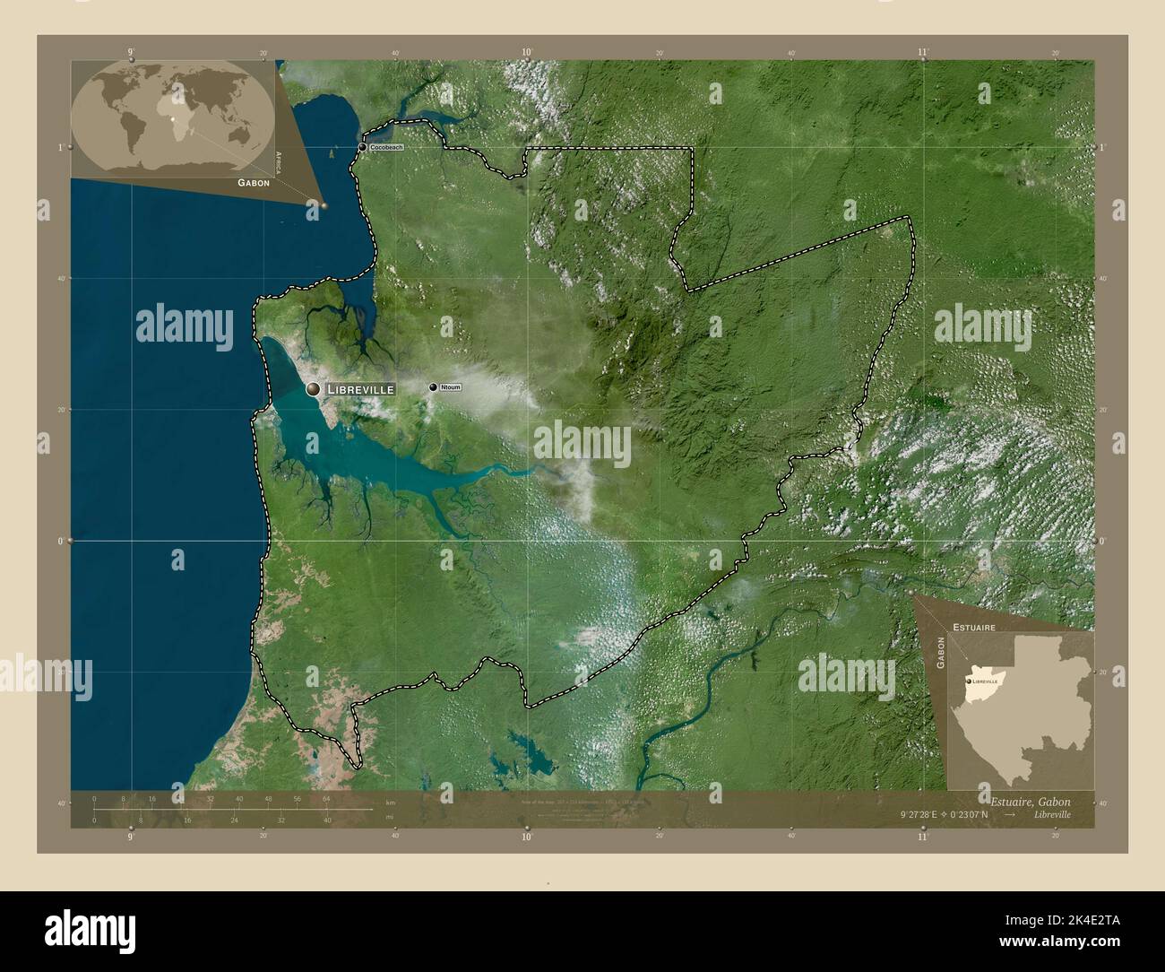 Estuaire, province of Gabon. High resolution satellite map. Locations ...