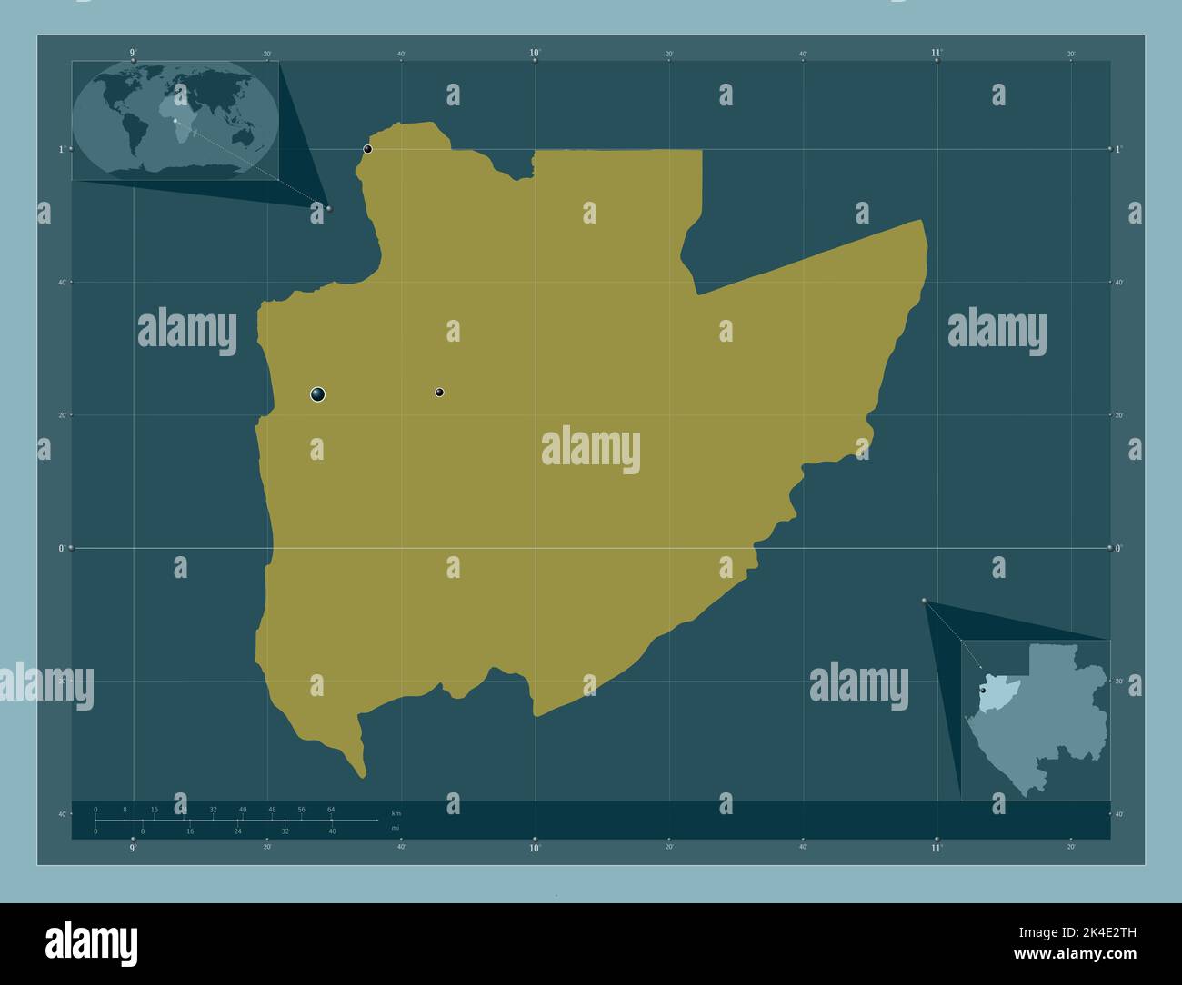 Estuaire, province of Gabon. Solid color shape. Locations of major ...