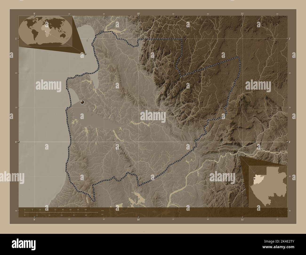 Estuaire, province of Gabon. Elevation map colored in sepia tones with ...