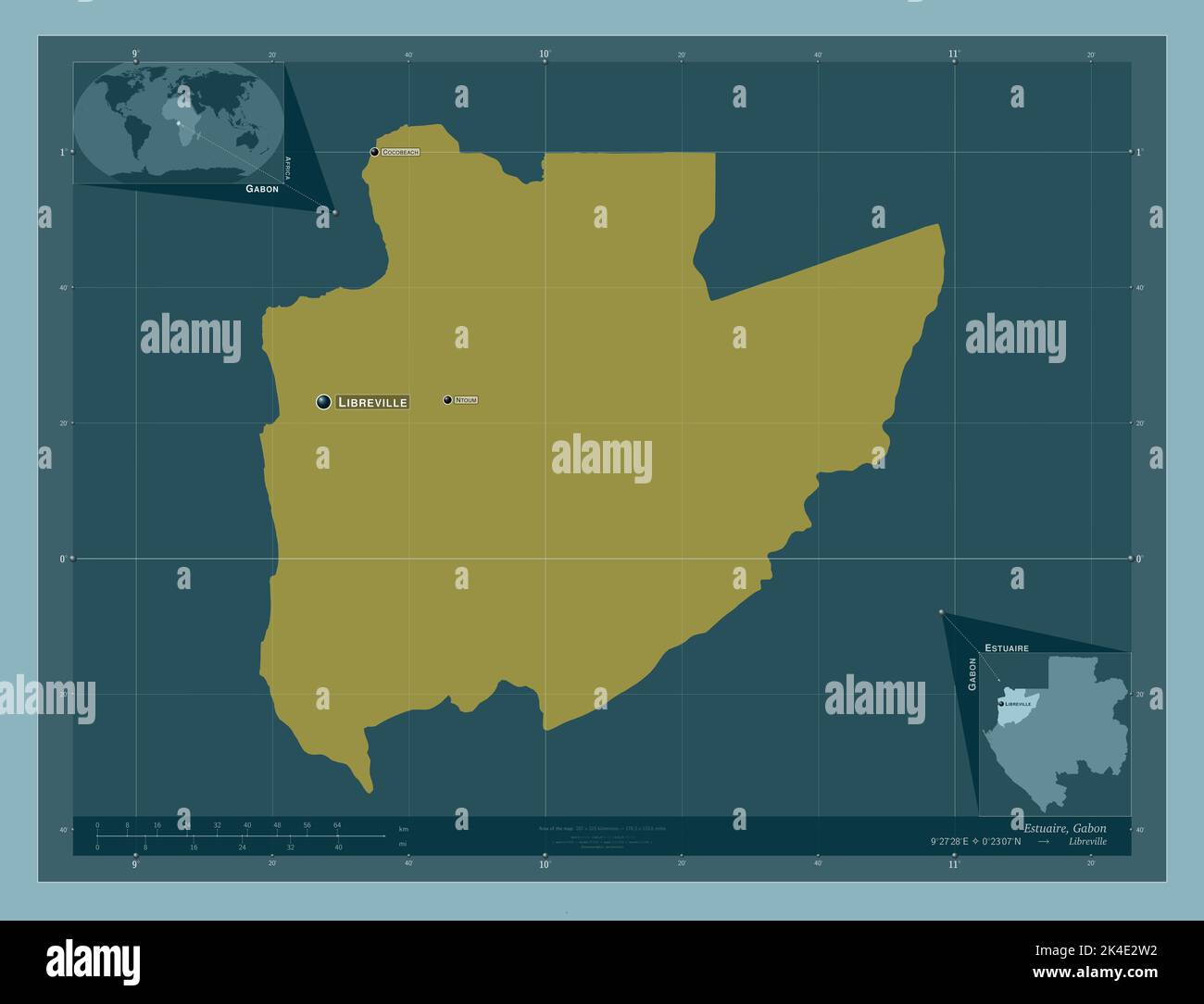 Estuaire, province of Gabon. Solid color shape. Locations and names of ...