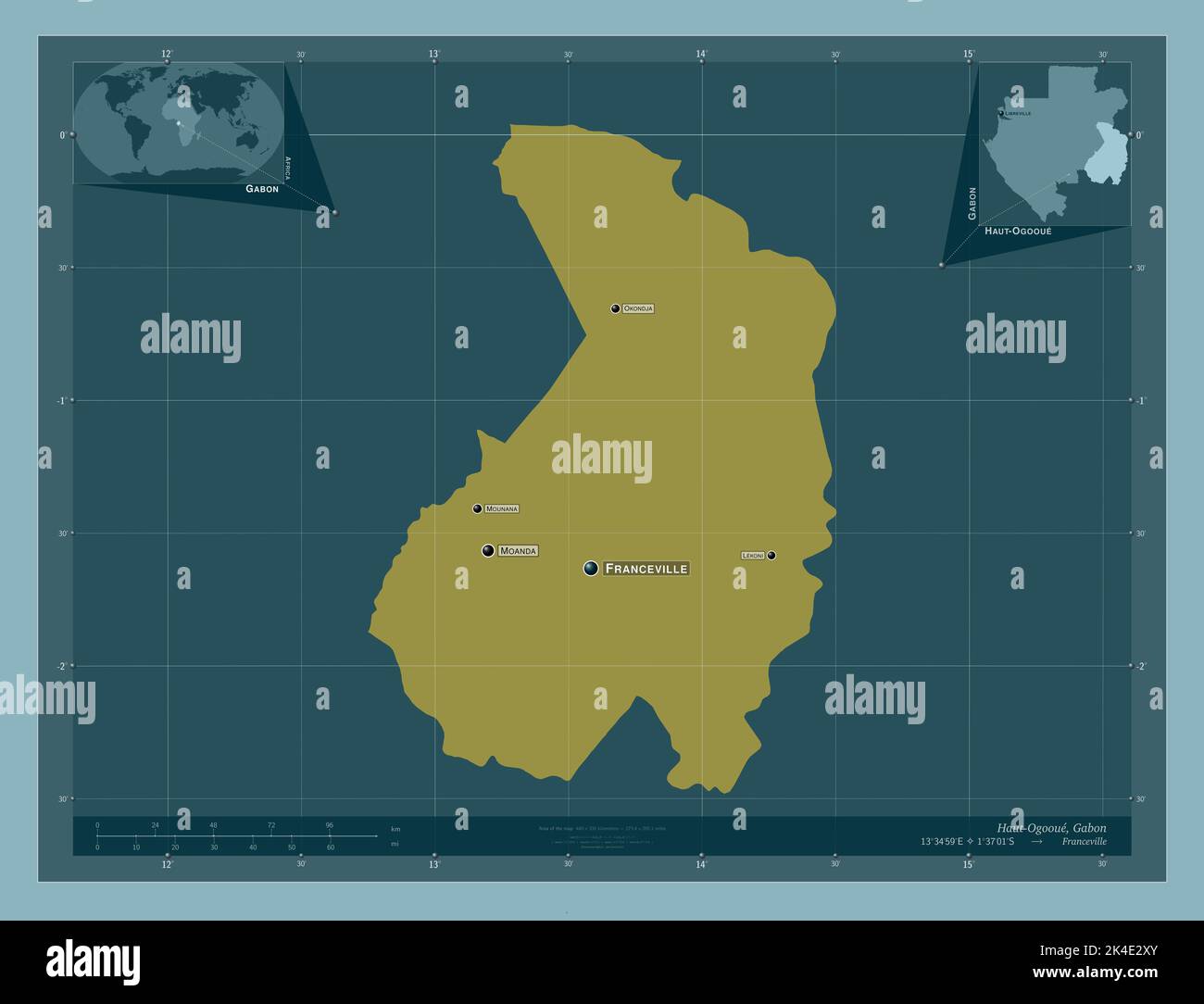 Haut-Ogooue, province of Gabon. Solid color shape. Locations and names ...