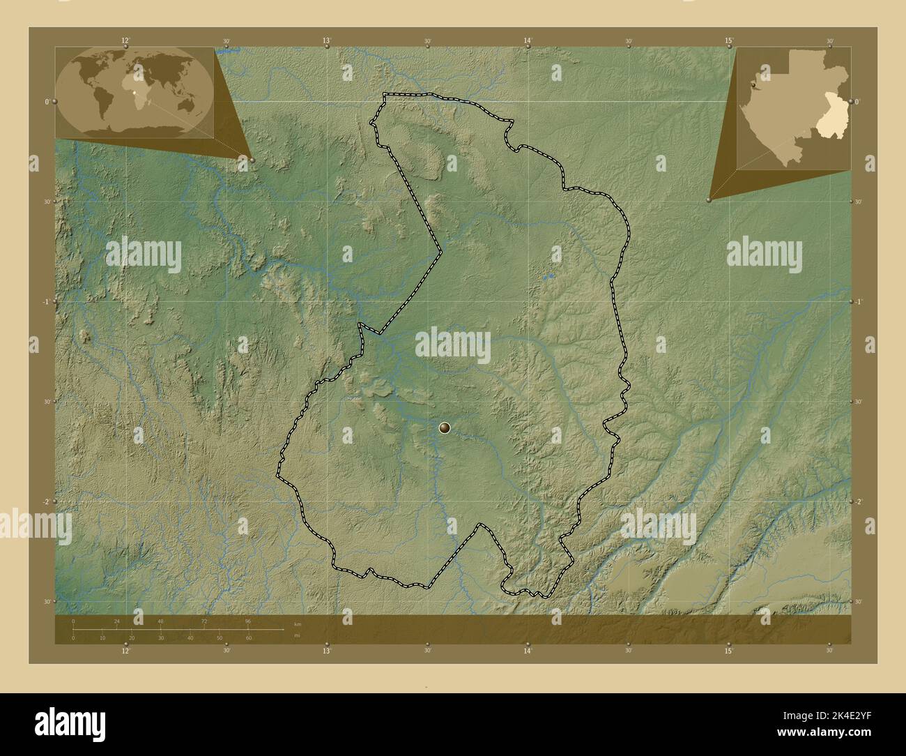 Haut-Ogooue, province of Gabon. Colored elevation map with lakes and ...