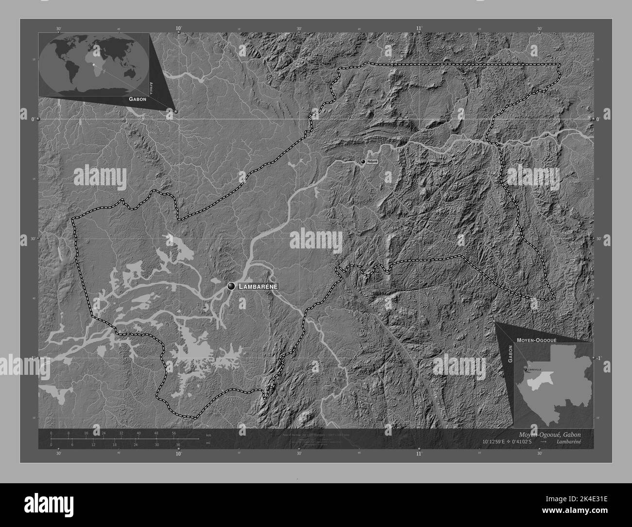 Moyen-Ogooue, province of Gabon. Bilevel elevation map with lakes and ...