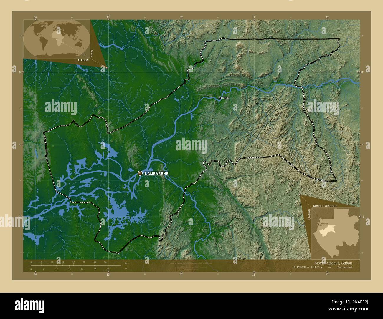 Moyen-Ogooue, province of Gabon. Colored elevation map with lakes and ...