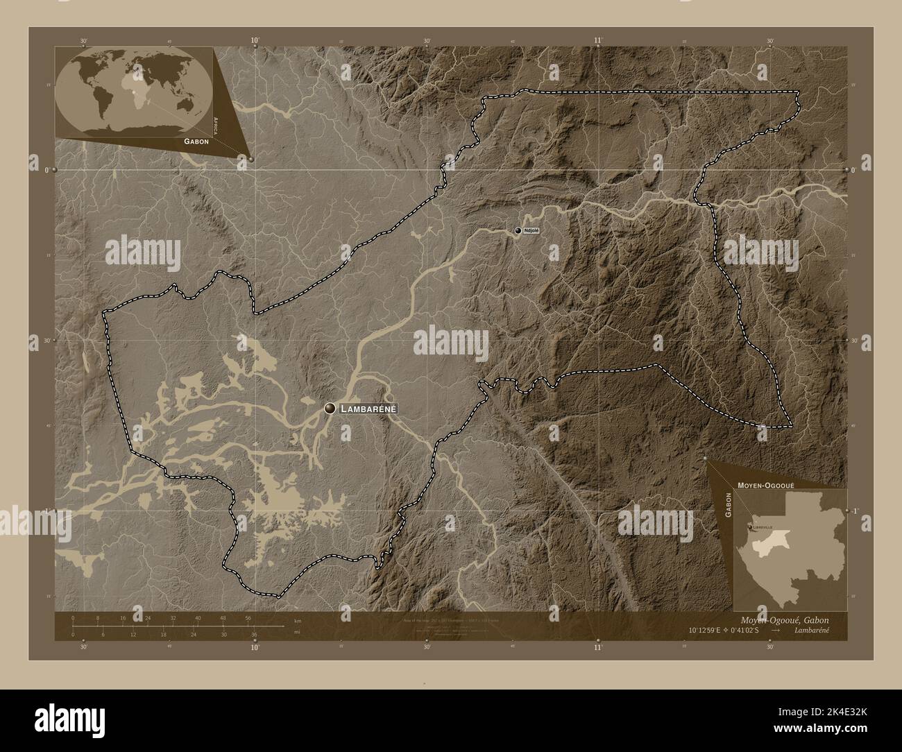 Moyen-Ogooue, province of Gabon. Elevation map colored in sepia tones ...