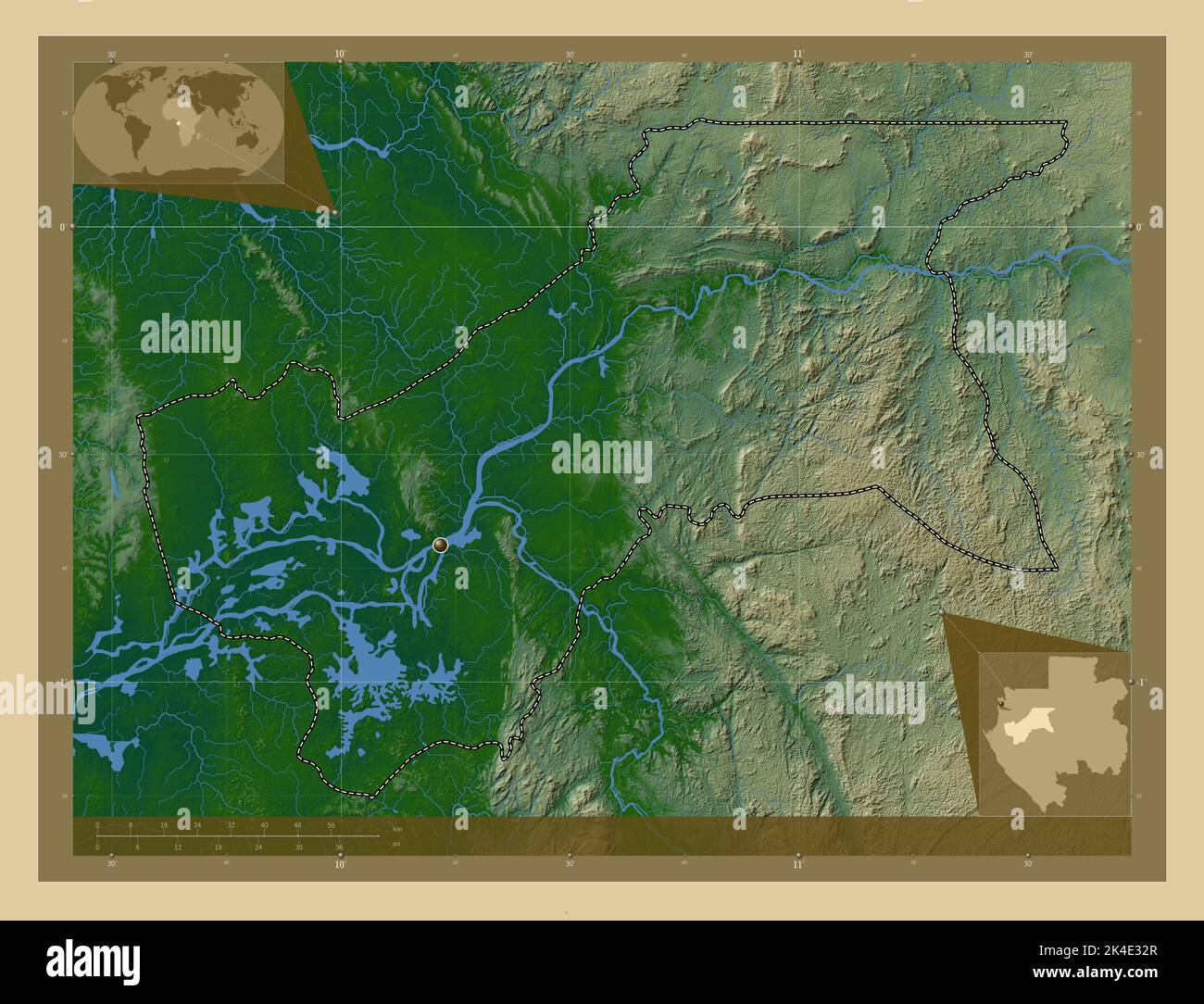 Moyen-Ogooue, province of Gabon. Colored elevation map with lakes and ...