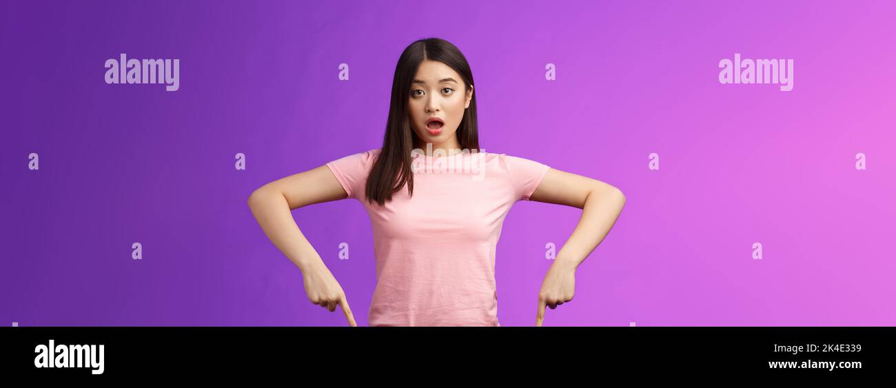 Shocked upset cute asian surprised girl, drop jaw shook disappointed ...