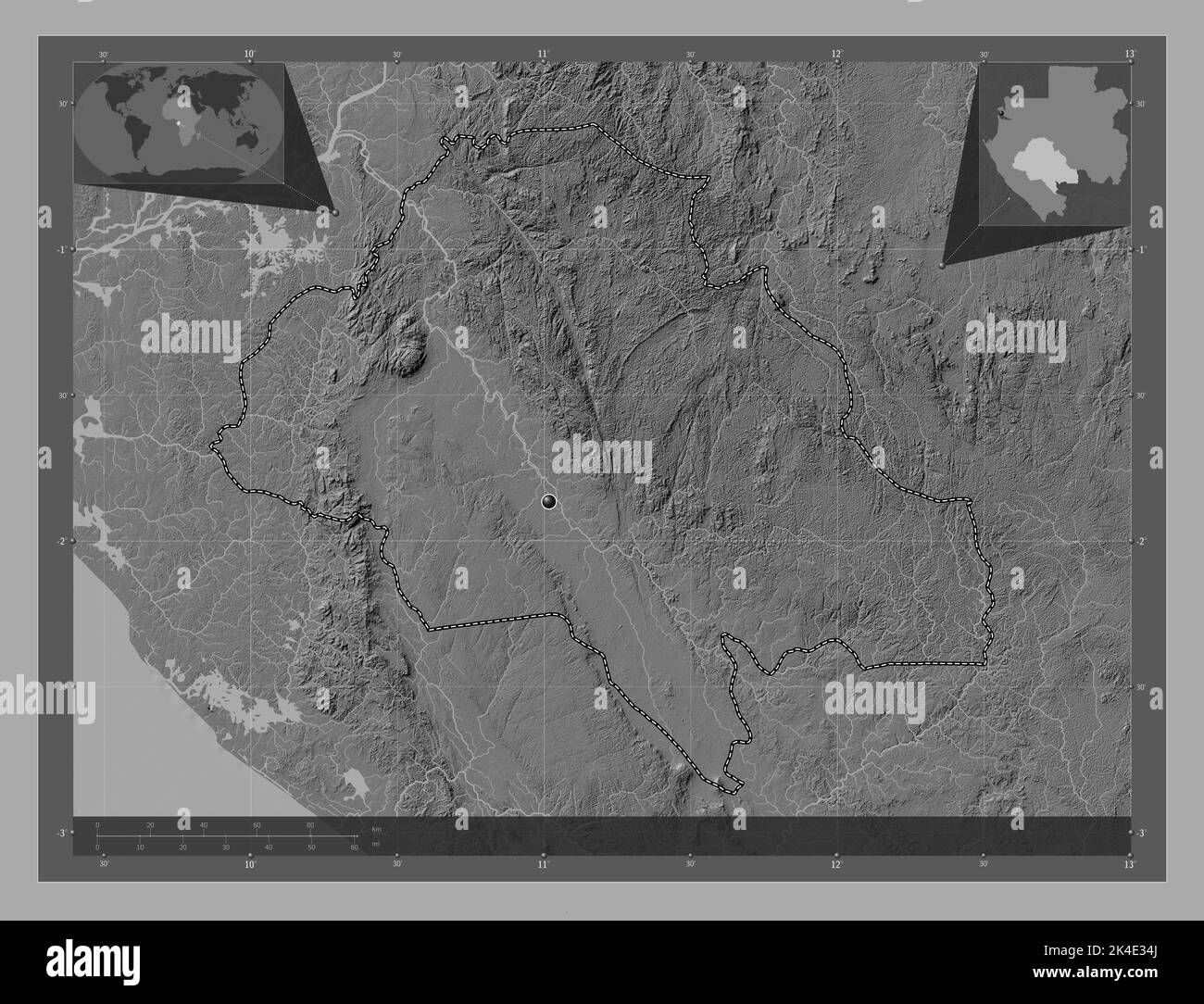 Ngounie, province of Gabon. Bilevel elevation map with lakes and rivers ...