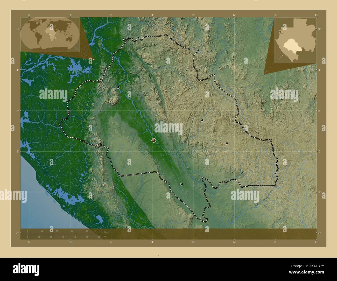 Ngounie, province of Gabon. Colored elevation map with lakes and rivers. Locations of major ...