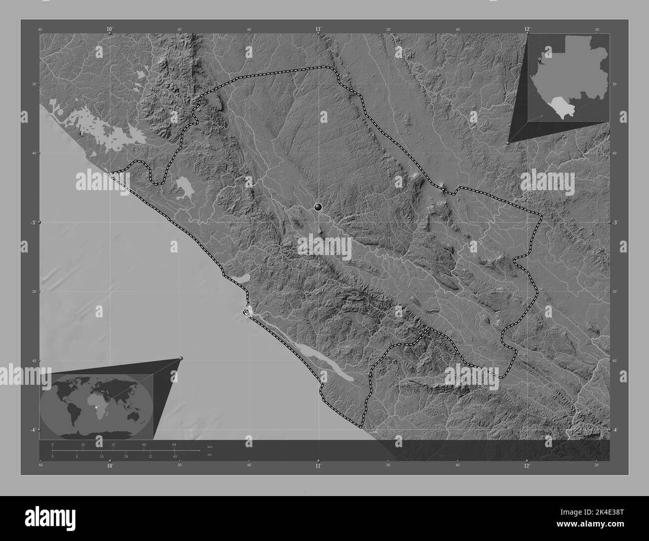 Nyanga, province of Gabon. Bilevel elevation map with lakes and rivers ...