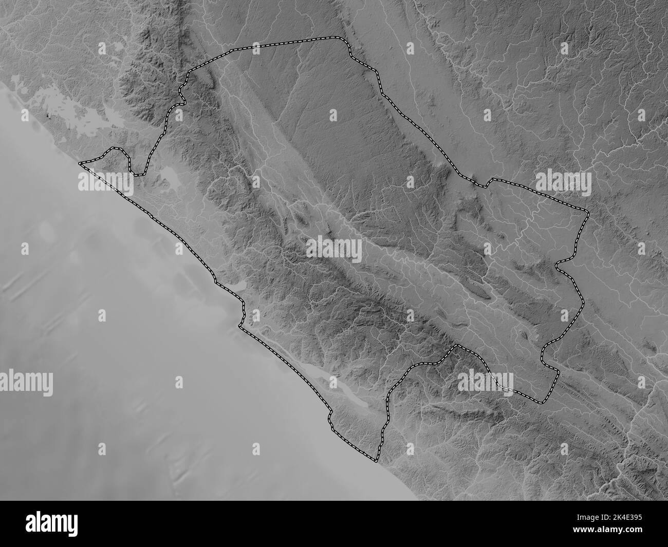 Nyanga, province of Gabon. Grayscale elevation map with lakes and ...