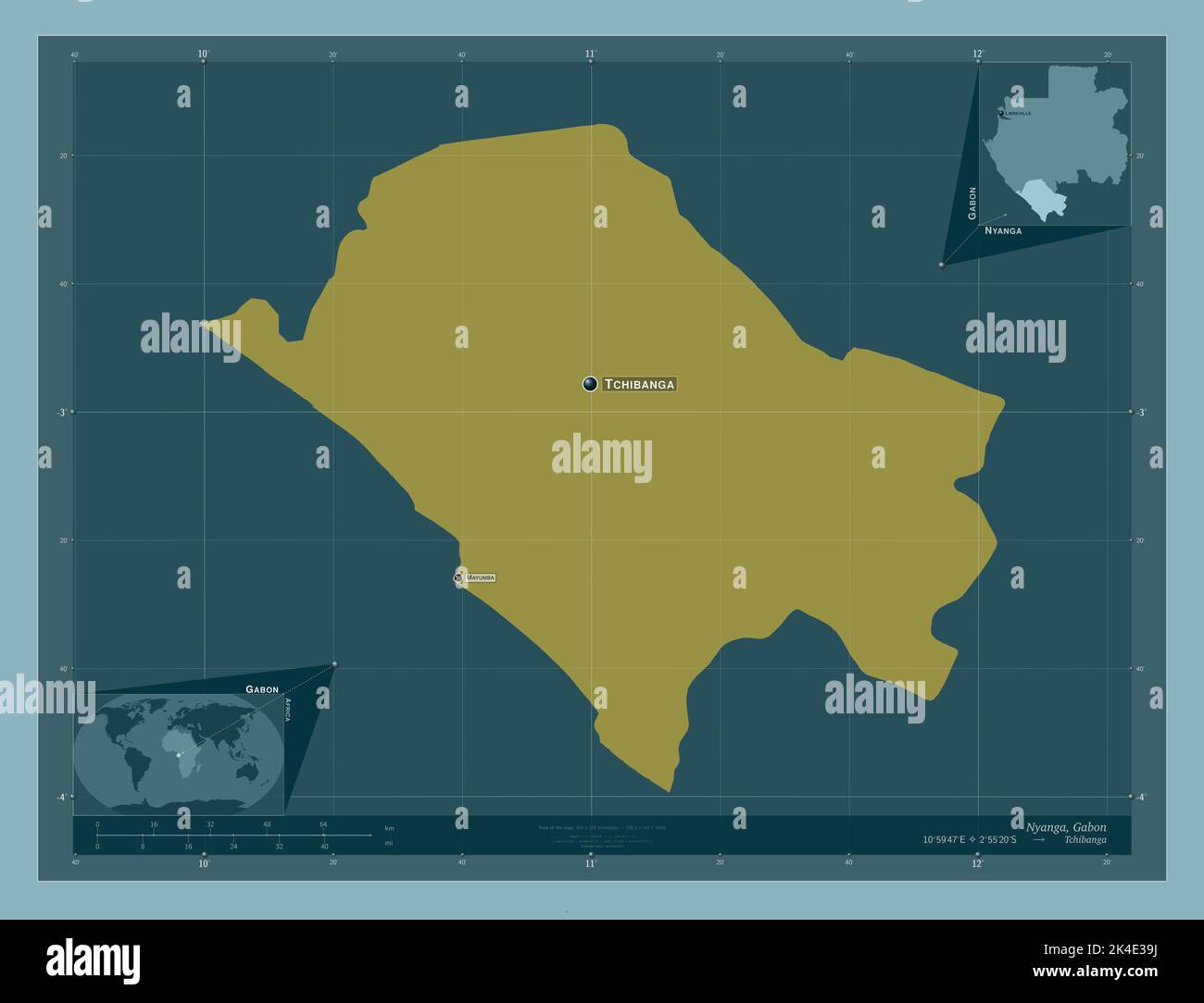 Nyanga, province of Gabon. Solid color shape. Locations and names of ...