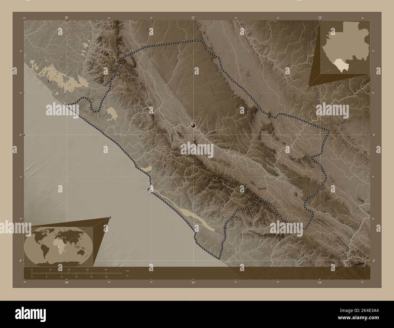Nyanga, province of Gabon. Elevation map colored in sepia tones with ...