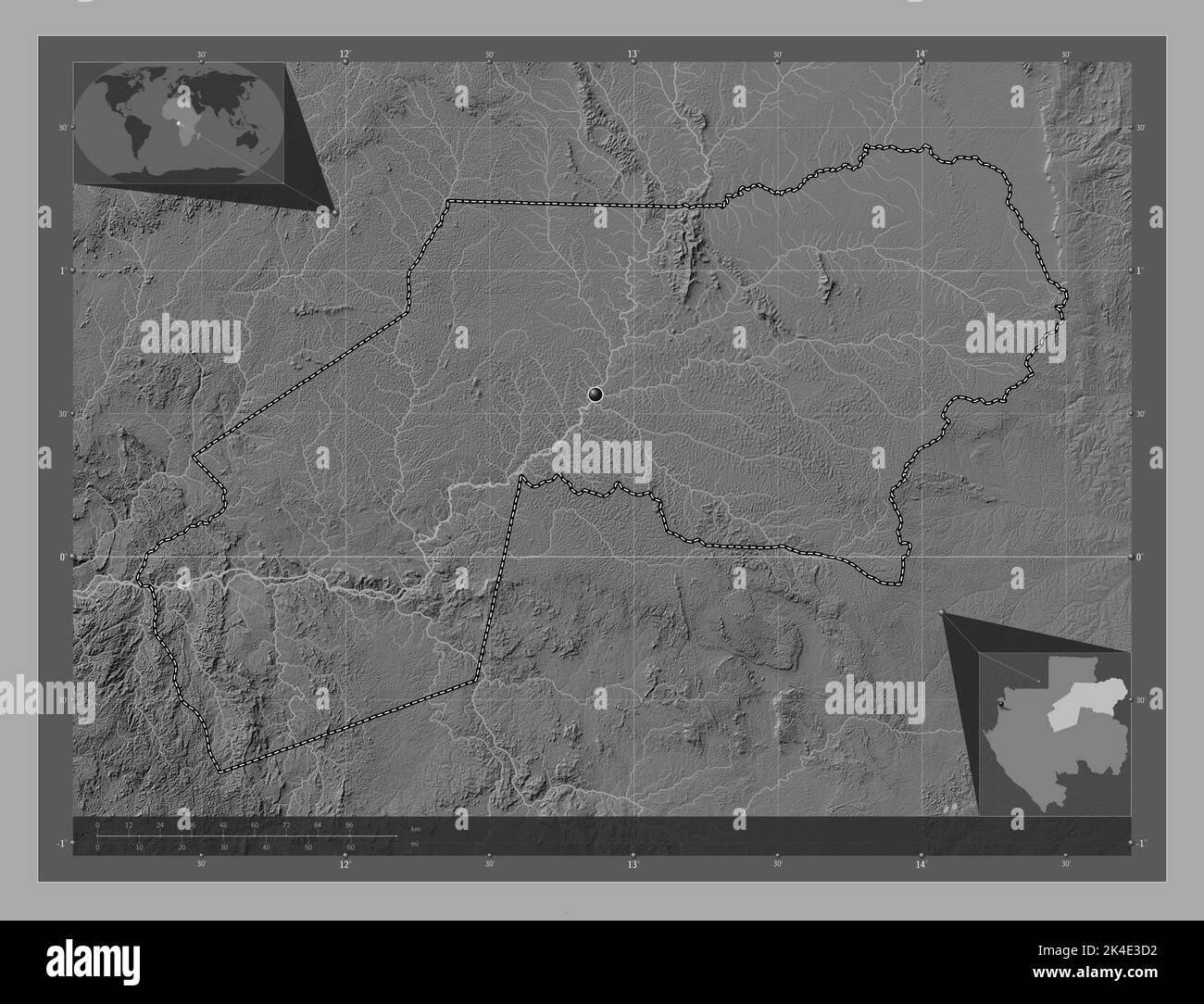 Ogooue-Ivindo, province of Gabon. Bilevel elevation map with lakes and ...