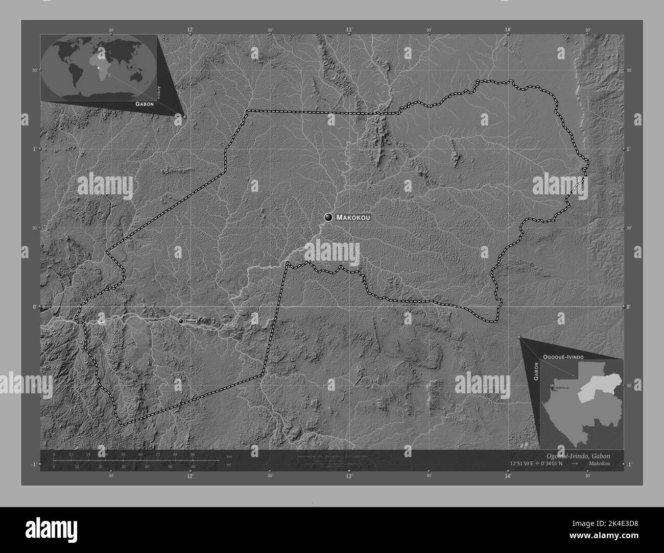 Ogooue-Ivindo, province of Gabon. Bilevel elevation map with lakes and ...