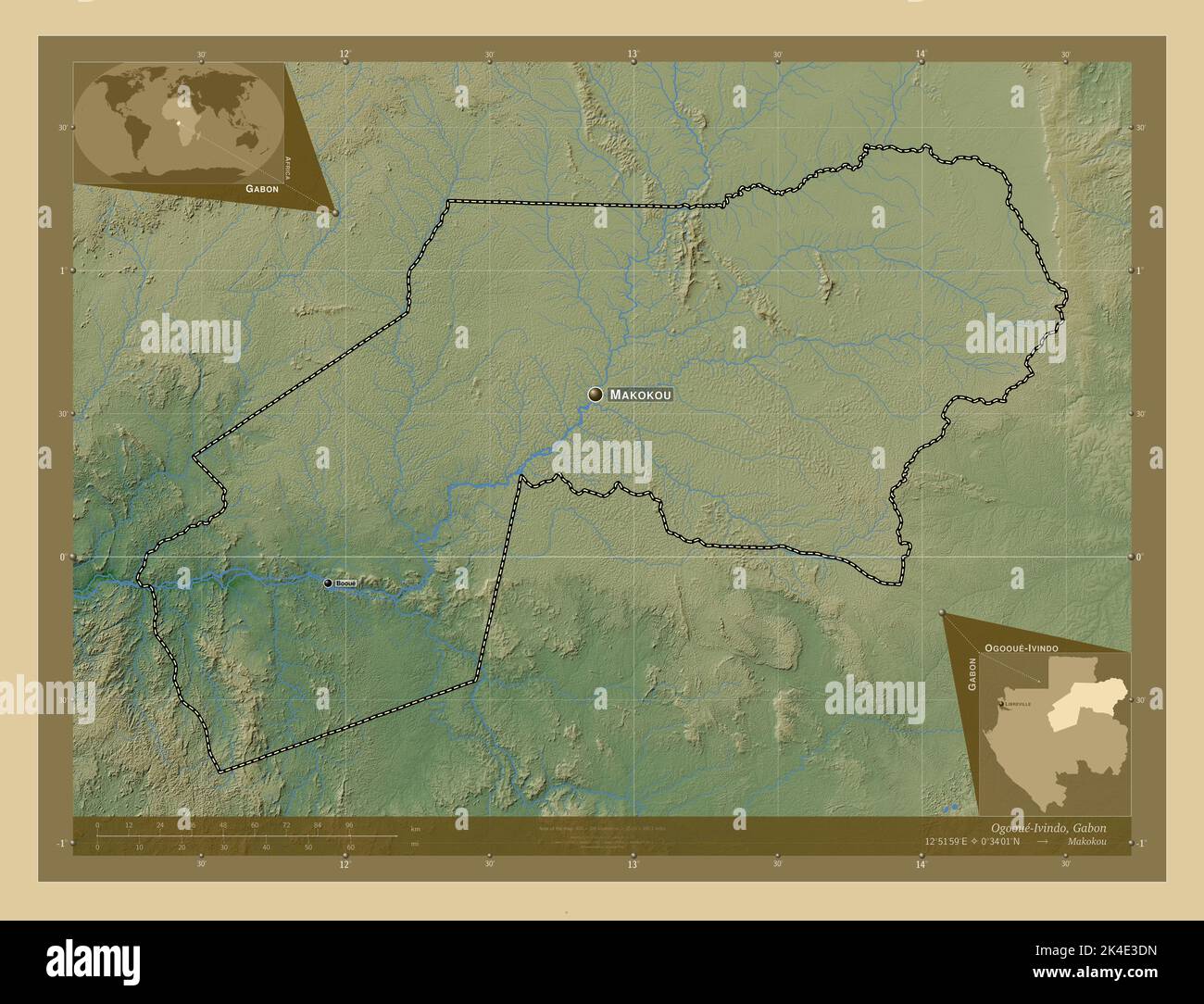 Ogooue-Ivindo, province of Gabon. Colored elevation map with lakes and ...