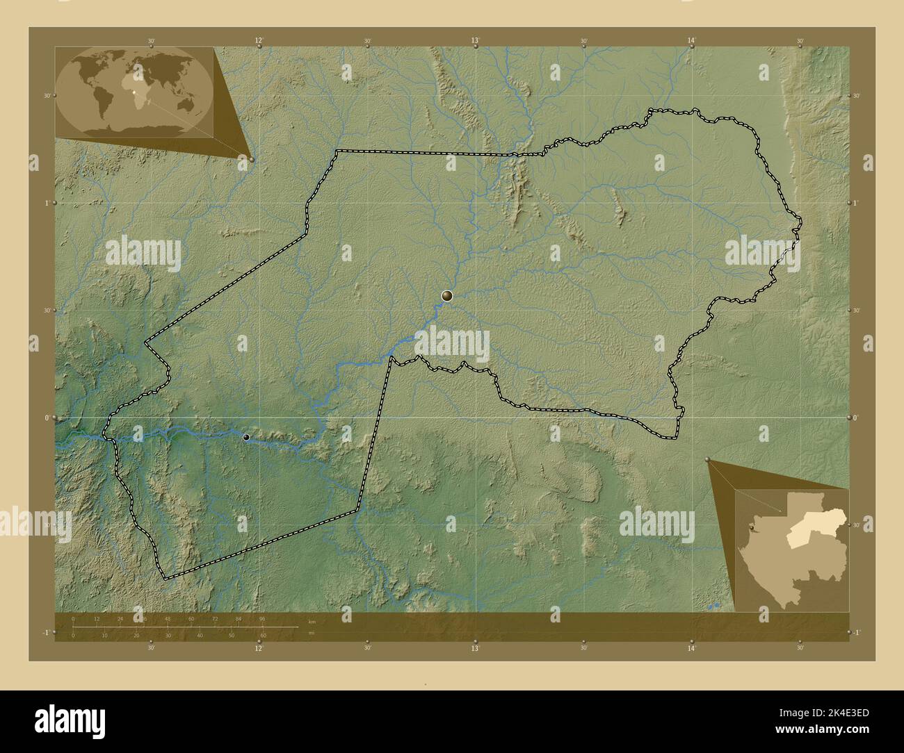 Ogooue-Ivindo, province of Gabon. Colored elevation map with lakes and ...
