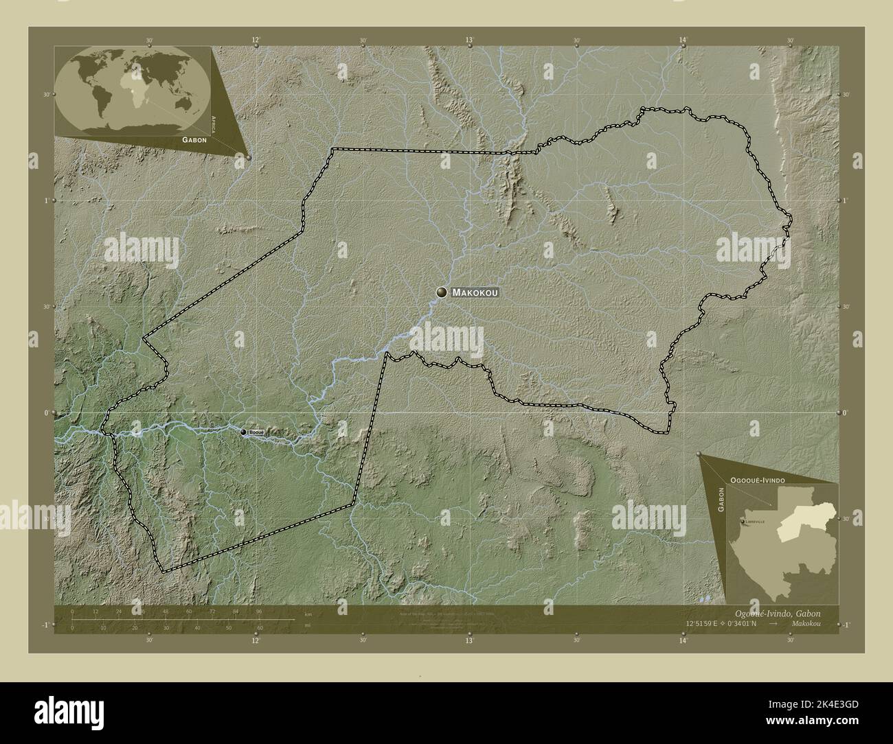 Ogooue-Ivindo, province of Gabon. Elevation map colored in wiki style ...