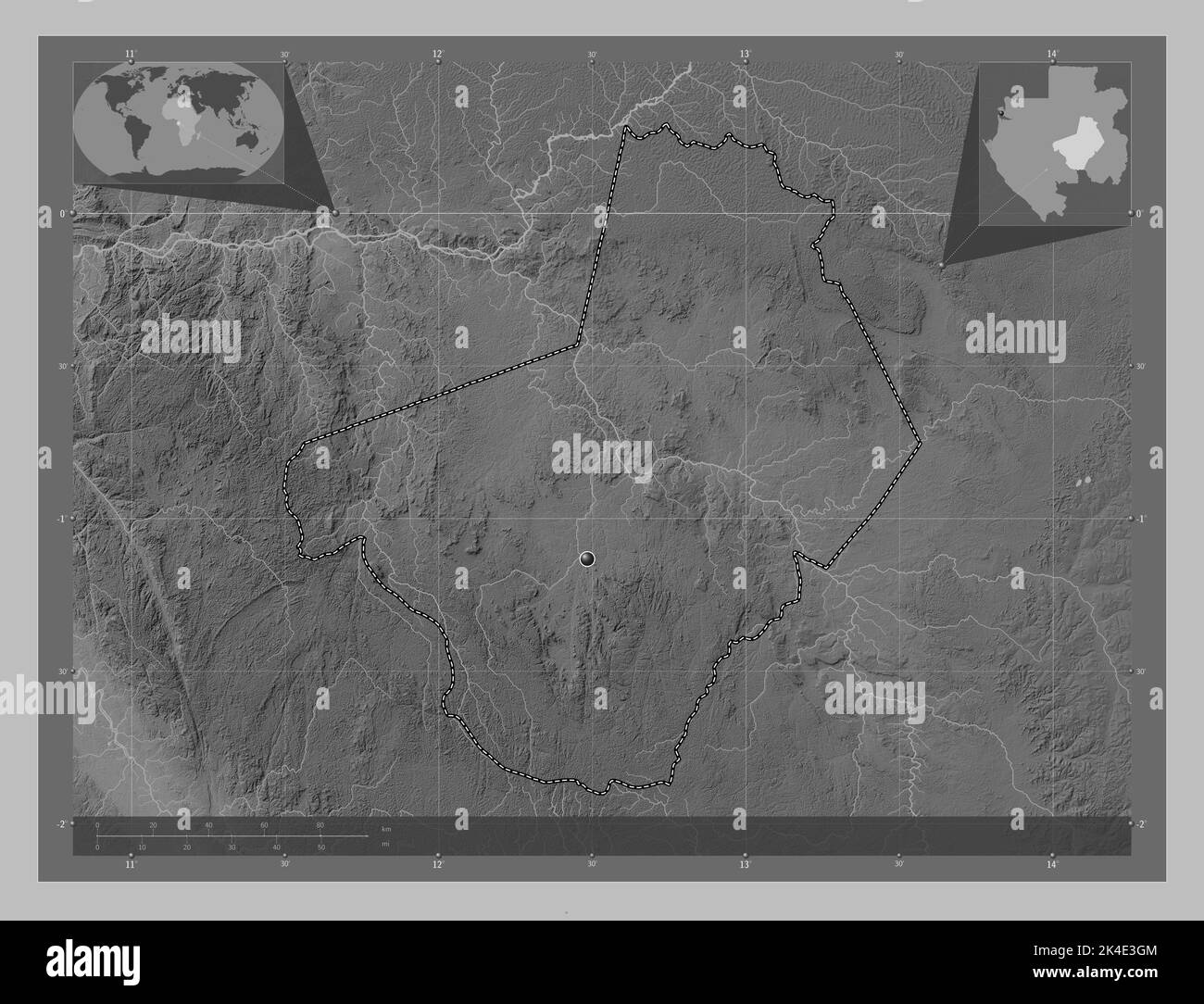 Ogooue-Lolo, province of Gabon. Grayscale elevation map with lakes and ...