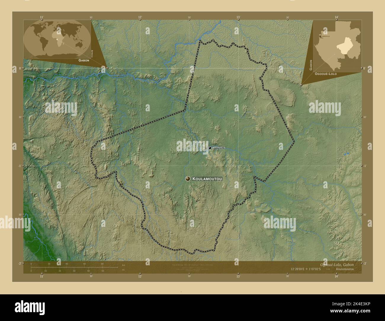 Ogooue-Lolo, province of Gabon. Colored elevation map with lakes and ...