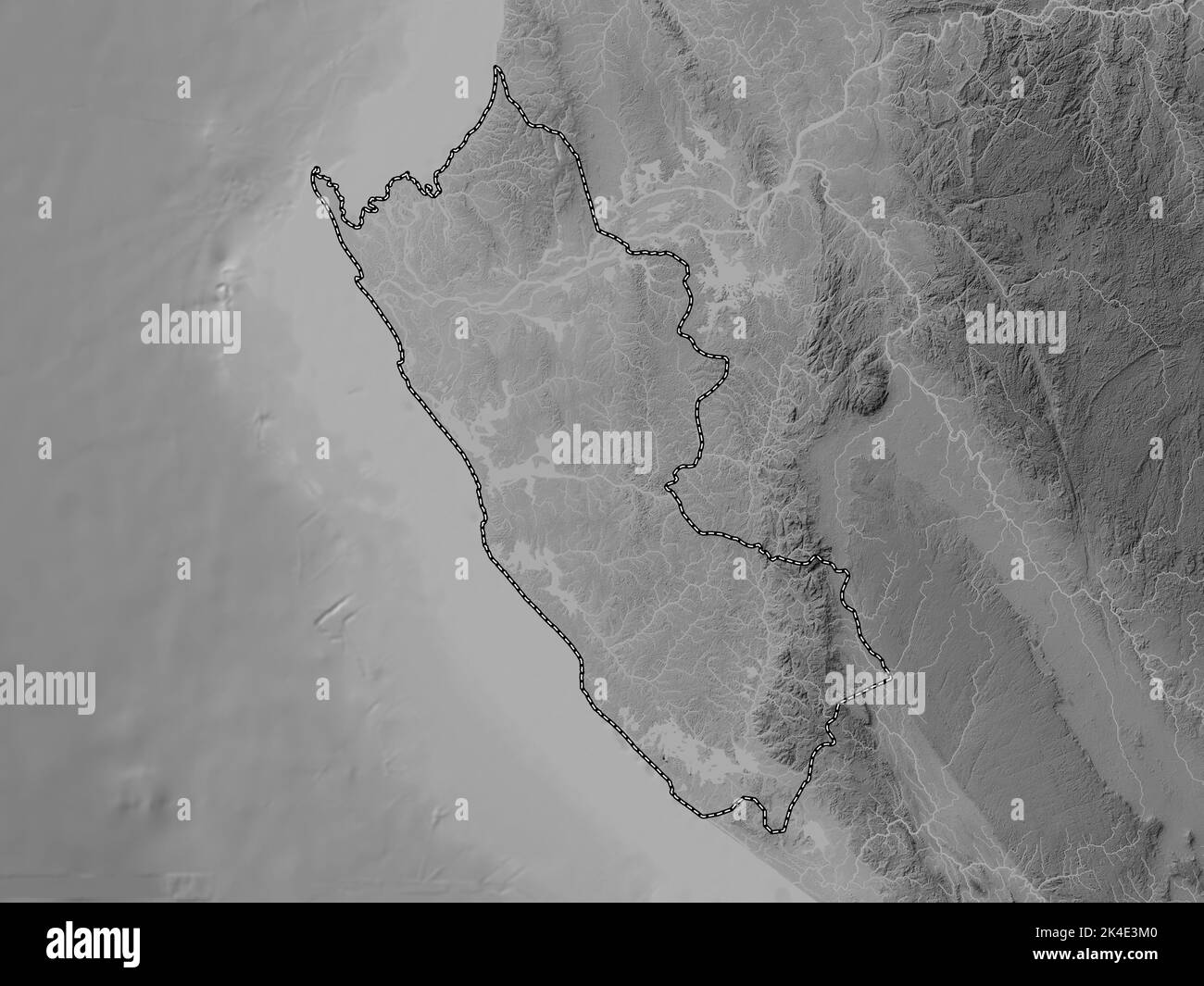 Ogooue-Maritime, province of Gabon. Grayscale elevation map with lakes ...