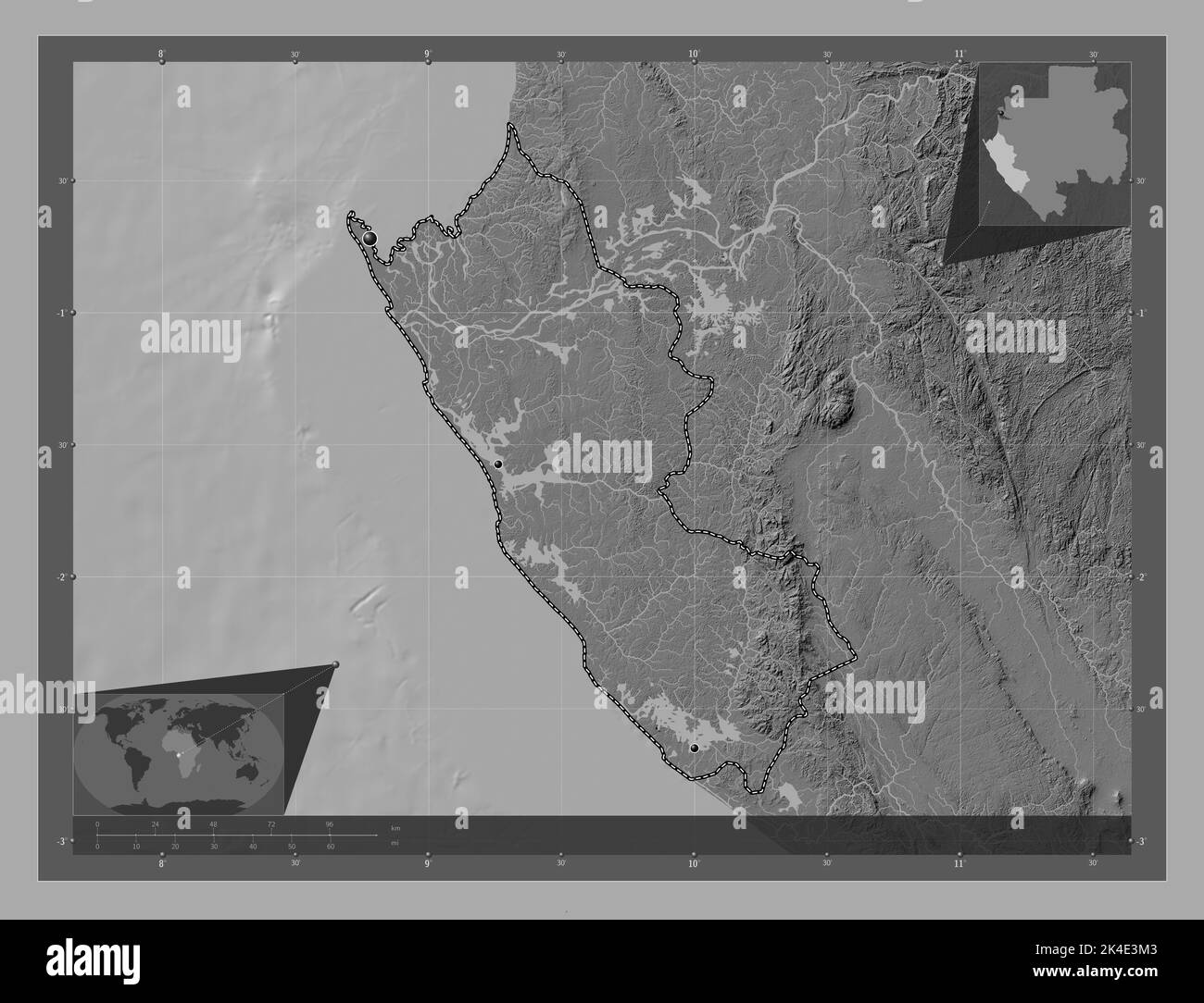 Ogooue-Maritime, province of Gabon. Bilevel elevation map with lakes ...
