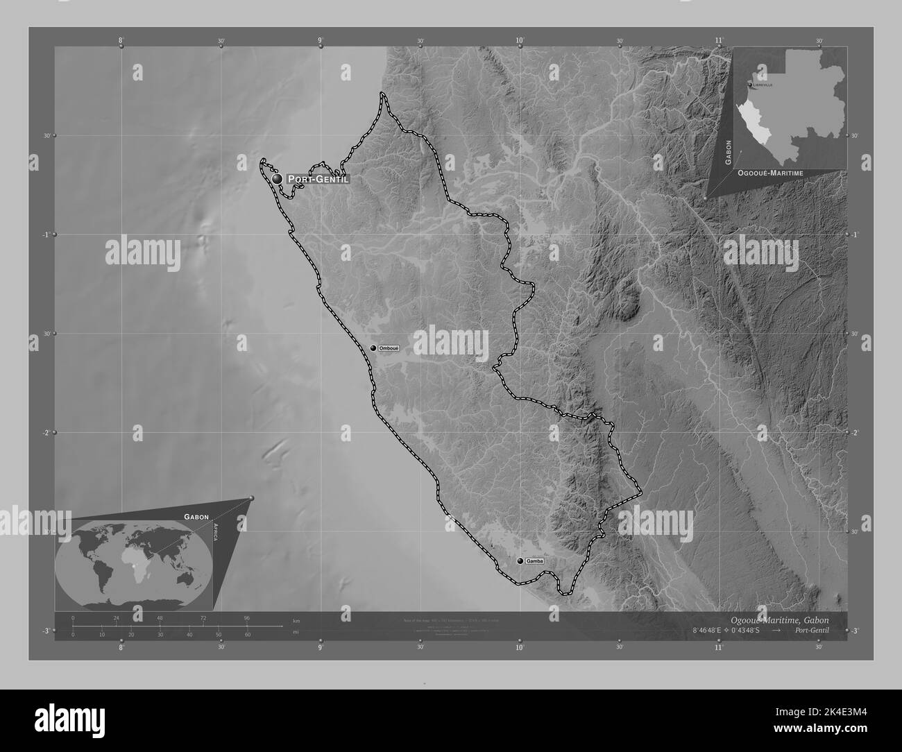 Ogooue-Maritime, province of Gabon. Grayscale elevation map with lakes ...