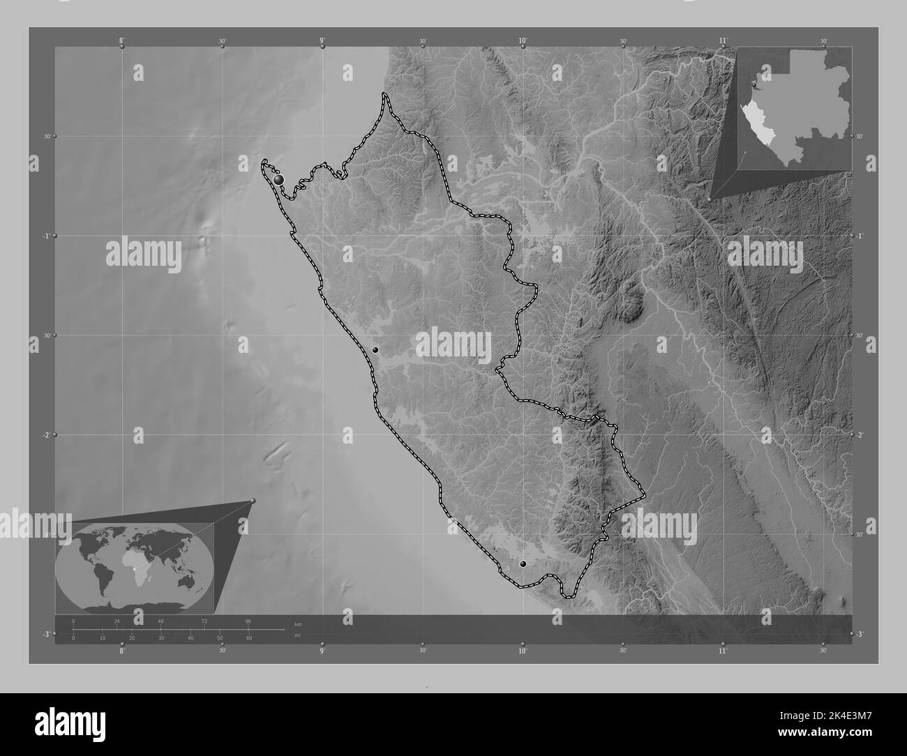 Ogooue-Maritime, province of Gabon. Grayscale elevation map with lakes ...
