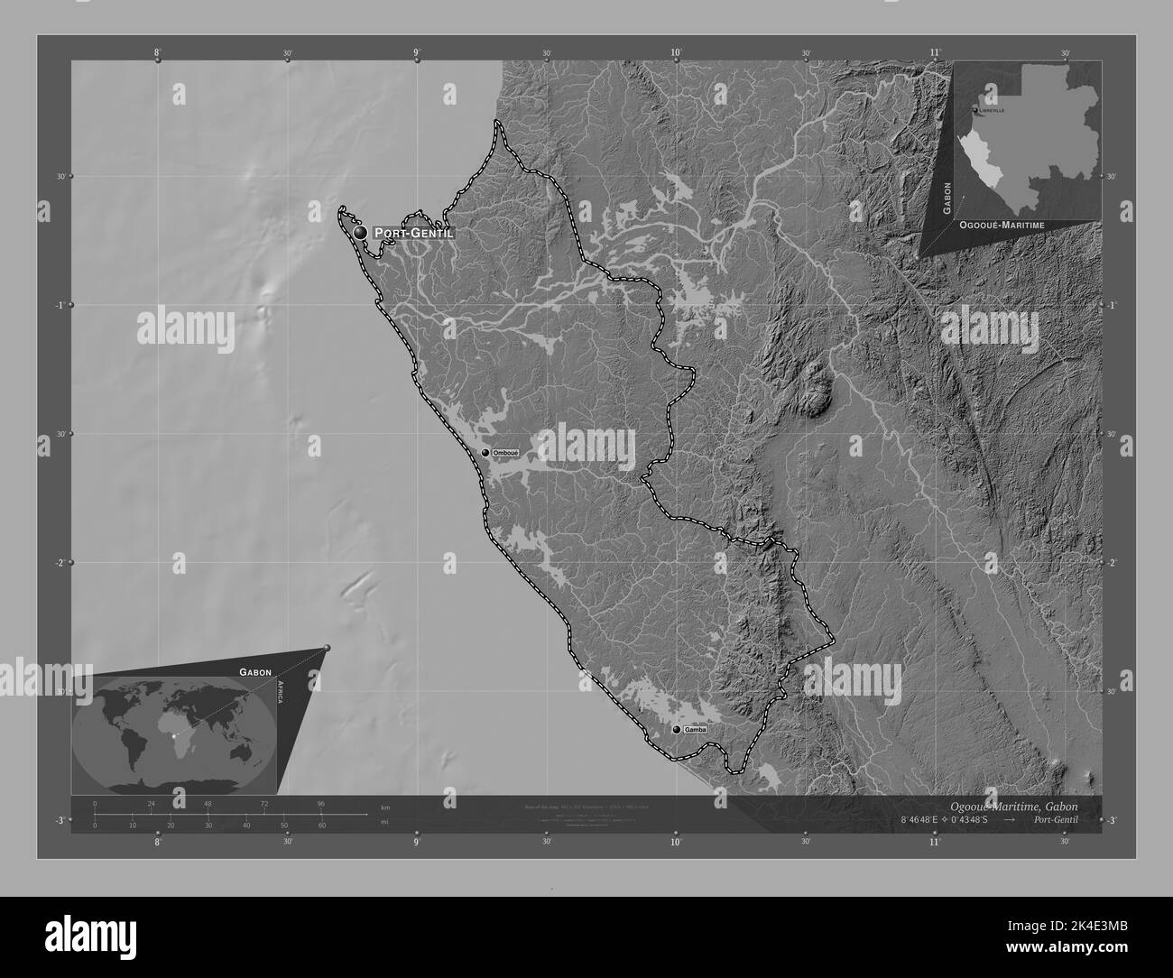 Ogooue-Maritime, province of Gabon. Bilevel elevation map with lakes ...