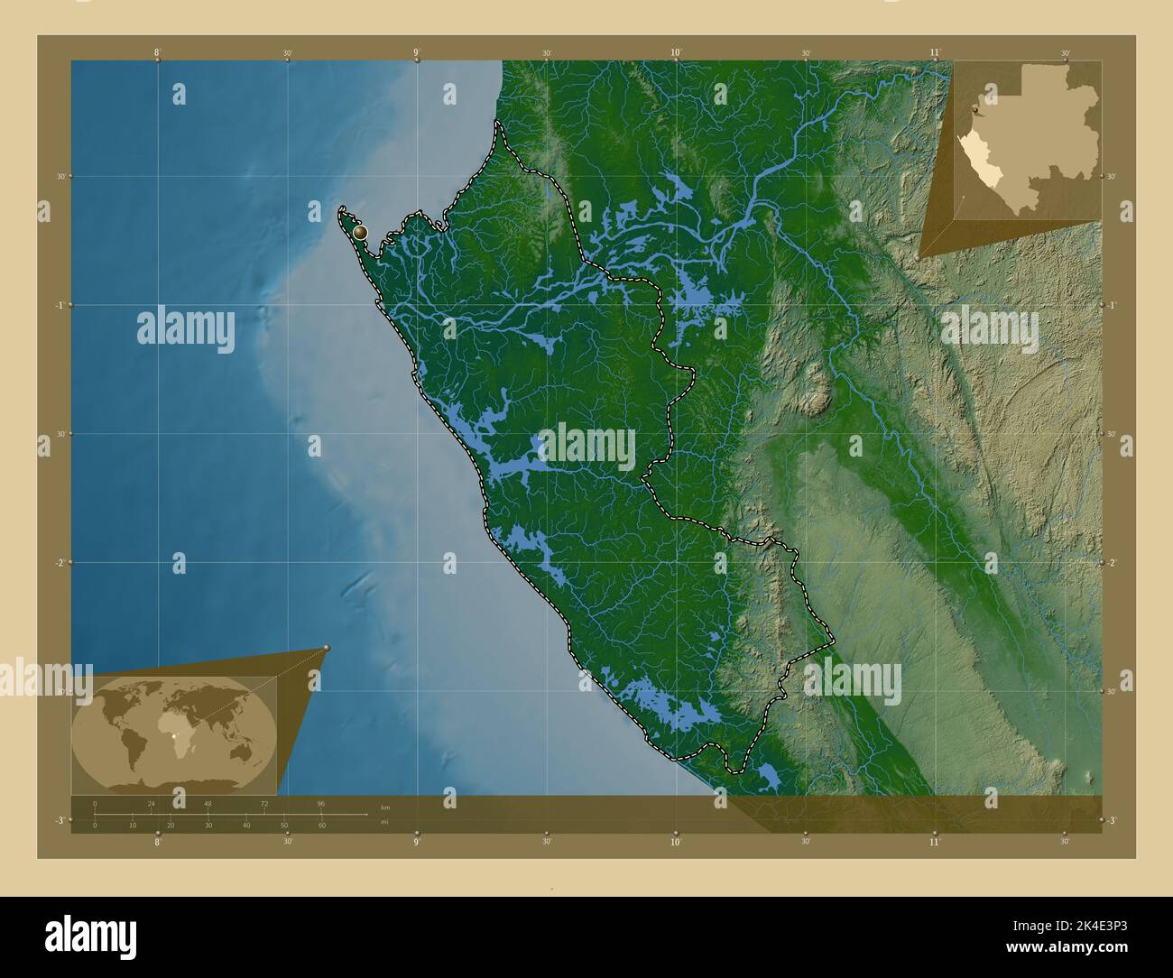 Ogooue-Maritime, province of Gabon. Colored elevation map with lakes ...