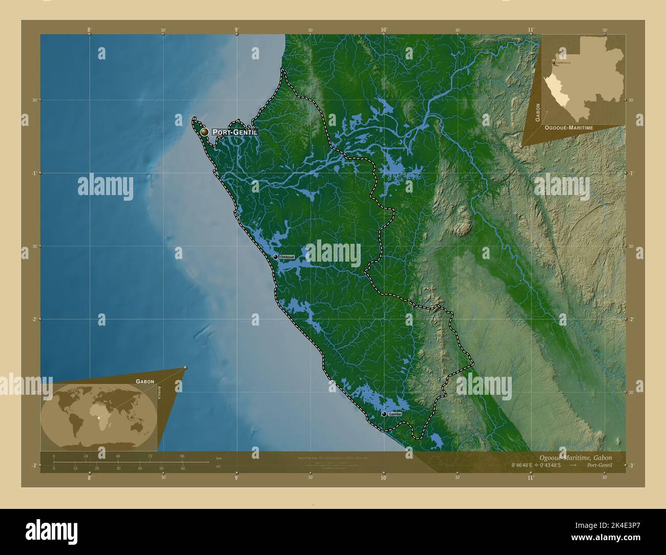 Ogooue-Maritime, province of Gabon. Colored elevation map with lakes ...