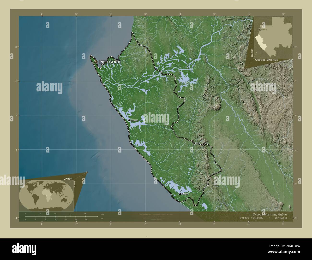 Ogooue-Maritime, province of Gabon. Elevation map colored in wiki style ...