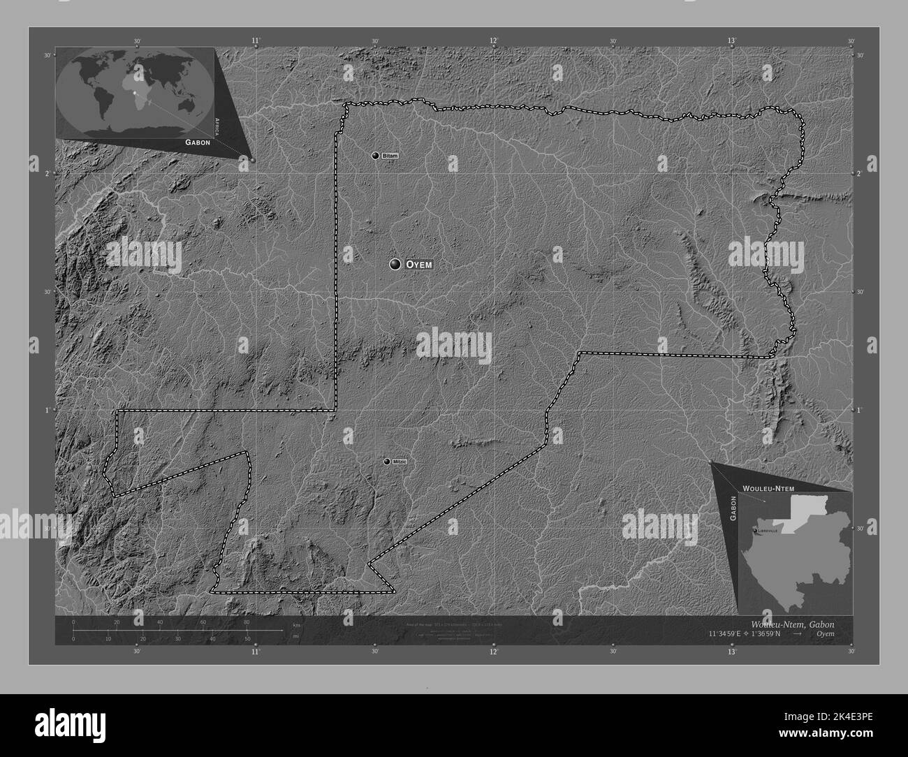 Wouleu-Ntem, province of Gabon. Bilevel elevation map with lakes and ...