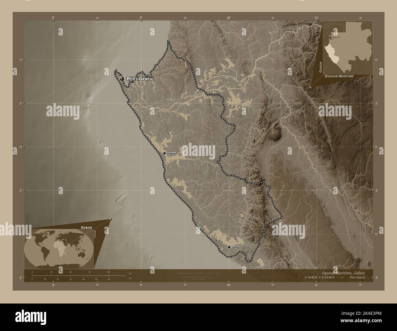 Ogooue-Maritime, province of Gabon. Elevation map colored in sepia ...