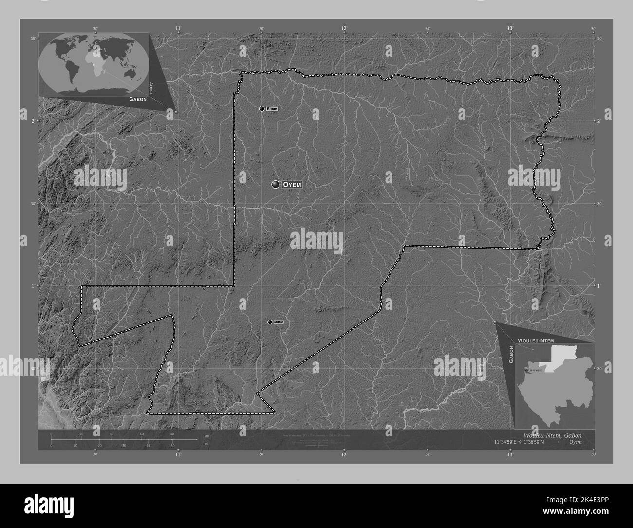 Wouleu-Ntem, province of Gabon. Grayscale elevation map with lakes and ...